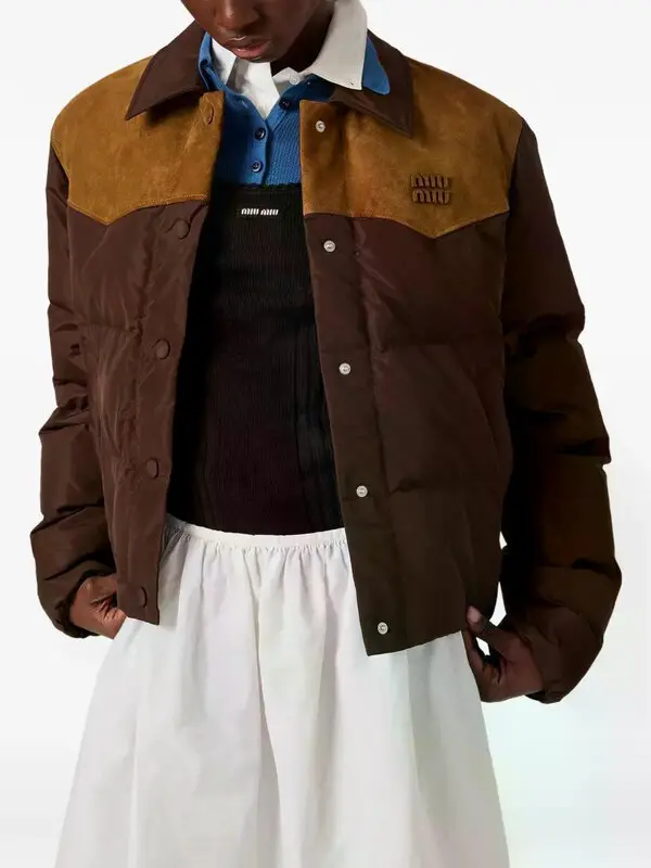 Miu Miu Technical Pongé And Leather Down Jacket - Brown