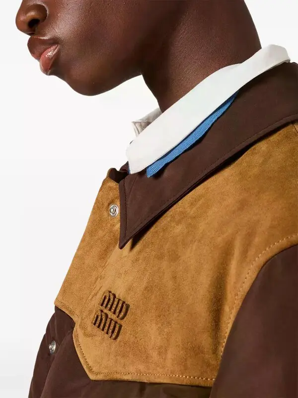 Miu Miu Technical Pongé And Leather Down Jacket - Brown