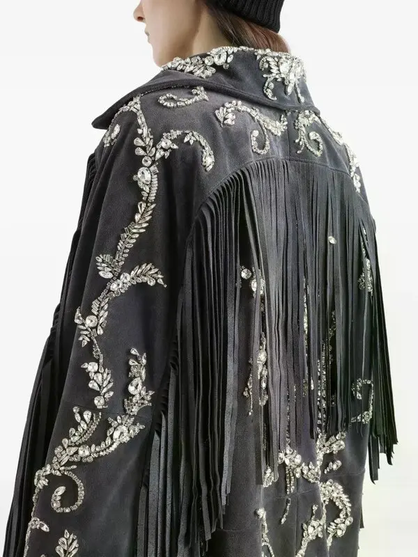 Dolce & Gabbana Embellished Fringe Suede Coat