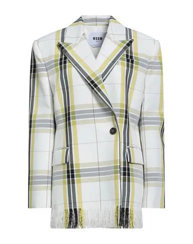 MSGM Tartan Canvas Double-breasted Blazer With Fringes - White