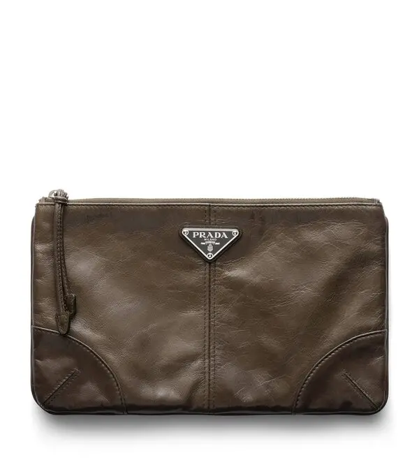 Prada Leather Pouch With Logo - Green