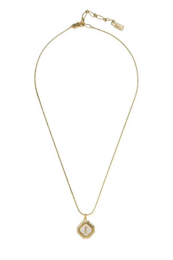 Saint Laurent Crystal Logo Charm Necklace - Gold