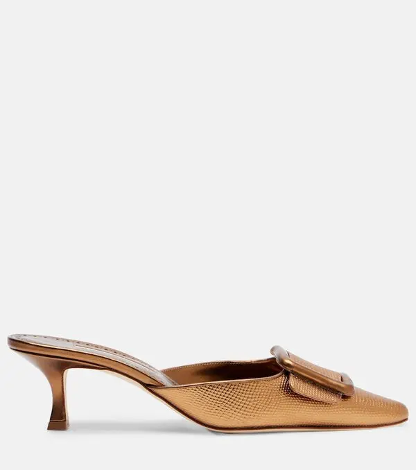 Manolo Blahnik Maysale 50 Metallic Leather Mules - Gold