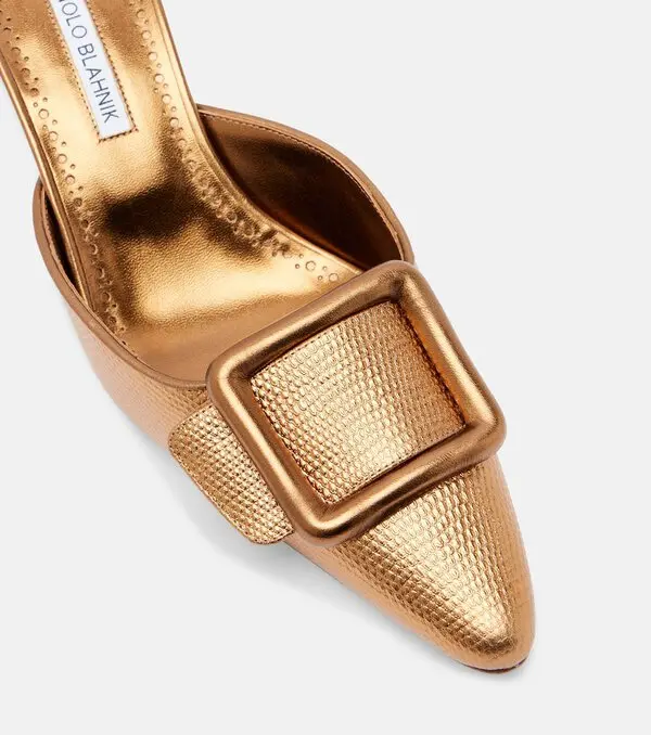 Manolo Blahnik Maysale 50 Metallic Leather Mules - Gold
