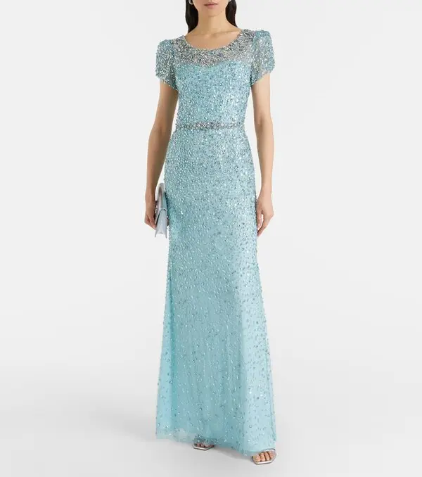 Evening Gowns Jenny Packham Teal Dress Jenny Packham Epoch Embellished  Dress Blue