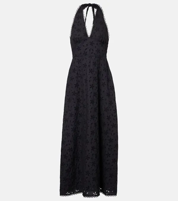 Posse Salma Embroidered Halterneck Cotton Midi Dress - Black
