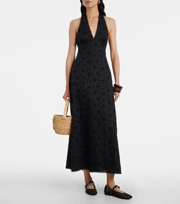 Posse Salma Embroidered Halterneck Cotton Midi Dress - Black