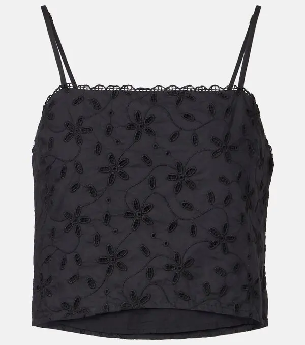 Posse Salma Embroidered Cropped Cotton Top - Black