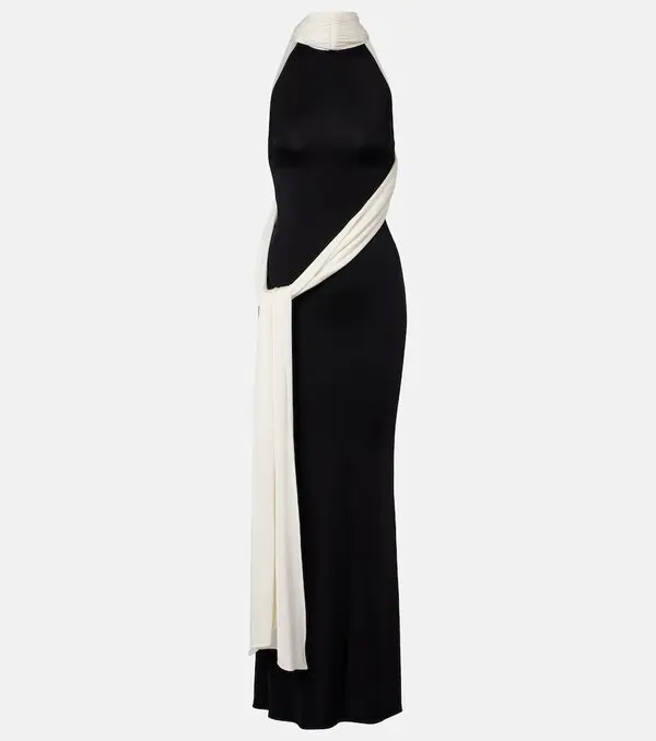 THE NEW ARRIVALS ILKYAZ OZEL Leia Scarf-detail Halterneck Gown - Black