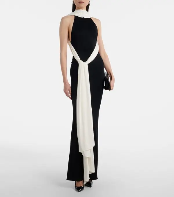 the new arrivals ilkyaz ozel leia jersey maxi dress Scarf-Detail Halterneck Gown In Black - 30% Off RGroup_AW-DR-11261