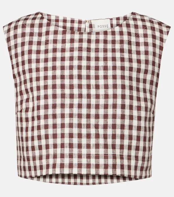 Posse Martina Gingham Linen Crop Top - Brown