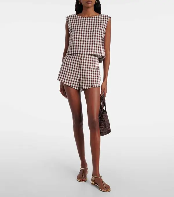 Posse Martina Gingham Linen Crop Top - Brown