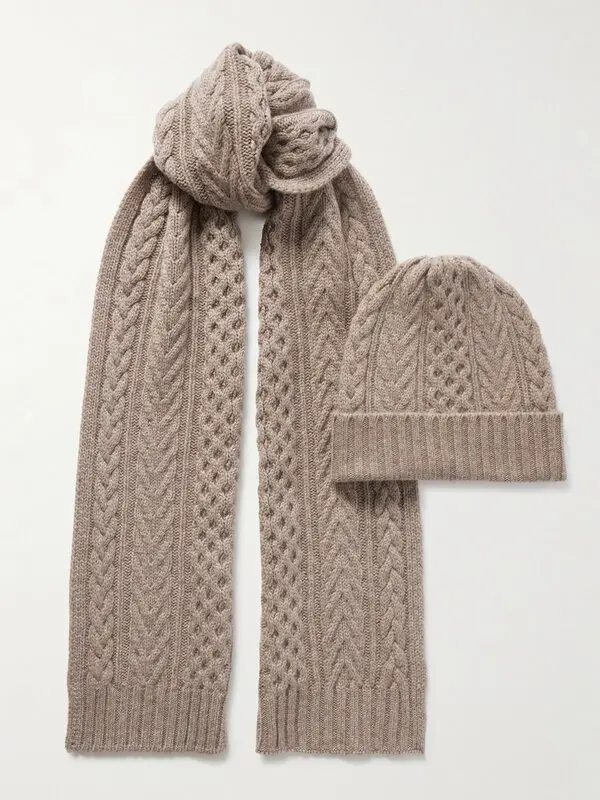 Johnstons Of Elgin Cable-knit Cashmere Beanie And Scarf Set - Brown