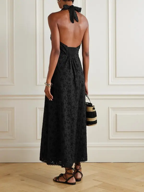 Posse Salma Broderie Anglaise Cotton Halterneck Midi Dress - Black