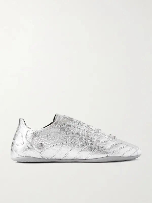 Balenciaga City Studded Crinkled-leather Sneakers - Silver