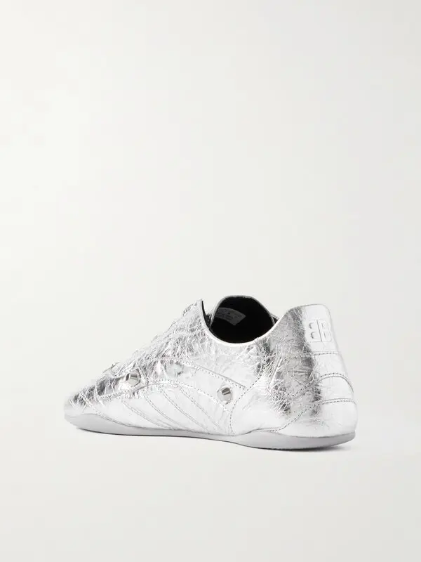Balenciaga City Studded Crinkled-leather Sneakers - Silver