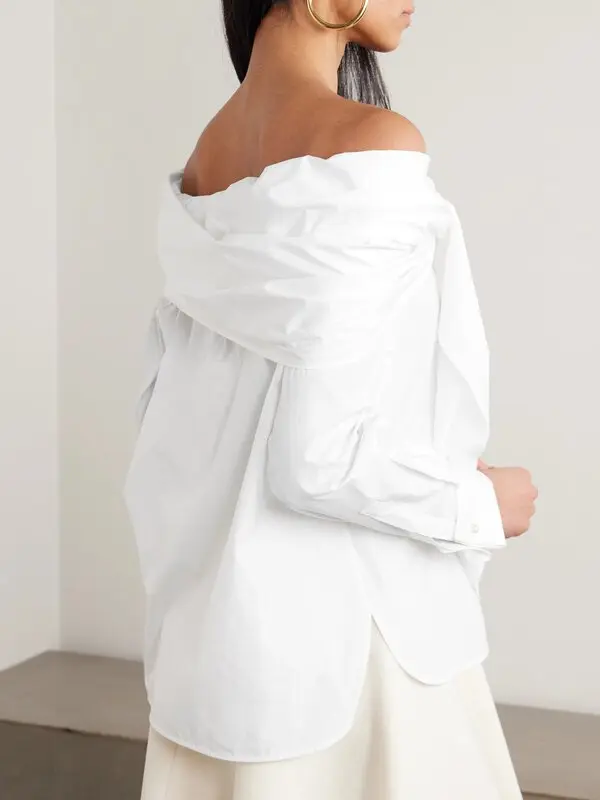 Max Mara Off-the-shoulder Cotton-poplin Blouse With Tie Detailing And Gathering