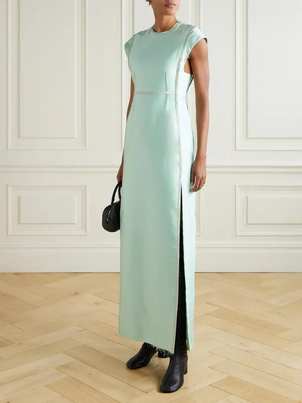 Sleeveless Frayed Satin Maxi Dress - Green