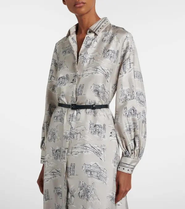 Max Mara Carbone Printed Silk Midi Shirt Dress