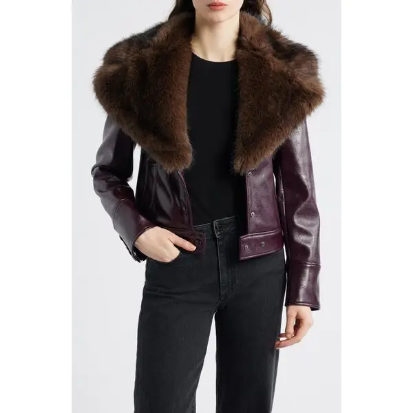Mango Cleo Faux Leather Crop Jacket With Faux Fur Collar