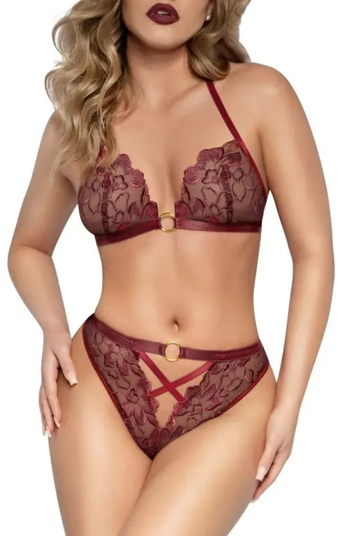 DREAMGIRL Lace Halter Bra & Thong Set - Wine