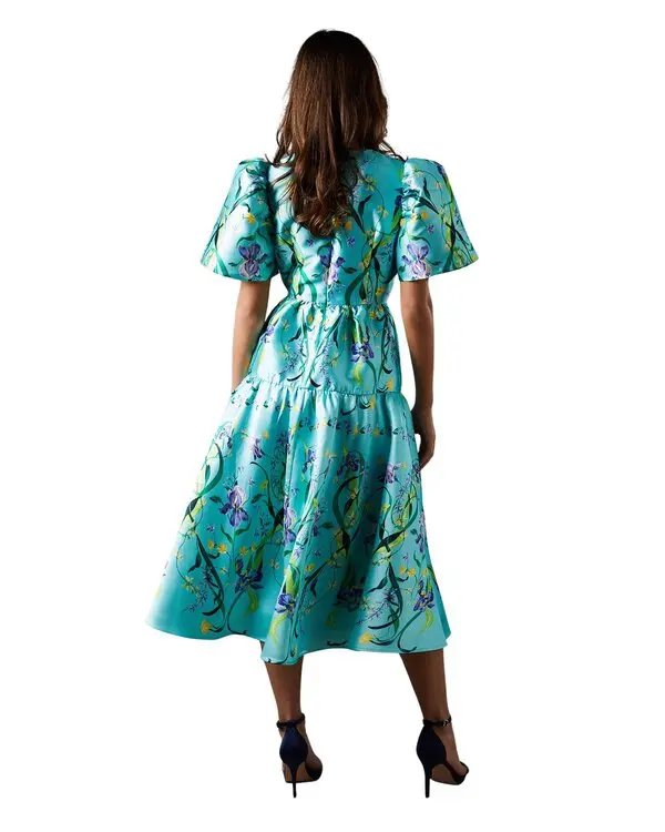 Coast Twill Puff Sleeve Printed Midi Dress