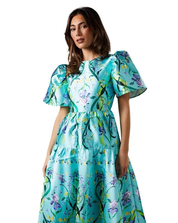 Coast Twill Puff Sleeve Printed Midi Dress