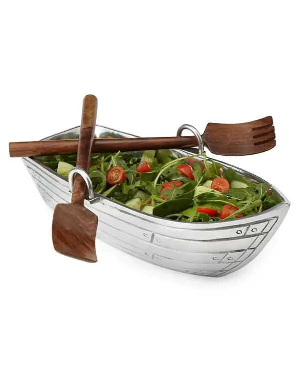 UNCOMMON GOODS Row Boat Serving Bowl With Wood Serving Utensils - Silver