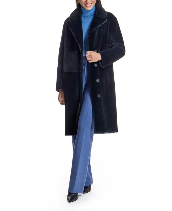 MAXIMILIAN Belted Shearling Coat - Navy/black