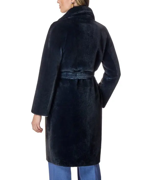 MAXIMILIAN Belted Shearling Coat - Navy/black