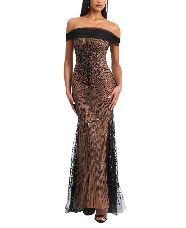 MISS CIRCLE NEW YORK Embroidered Sequin Off-shoulder Mesh Gown