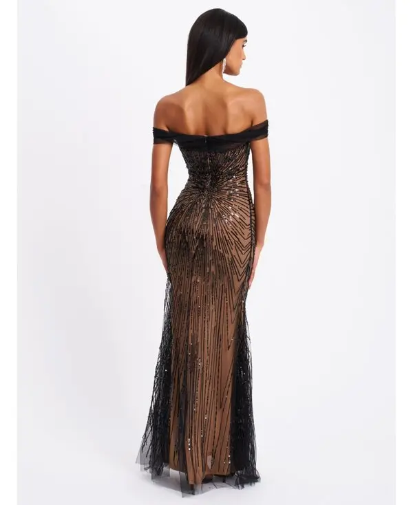 MISS CIRCLE NEW YORK Embroidered Sequin Off-shoulder Mesh Gown