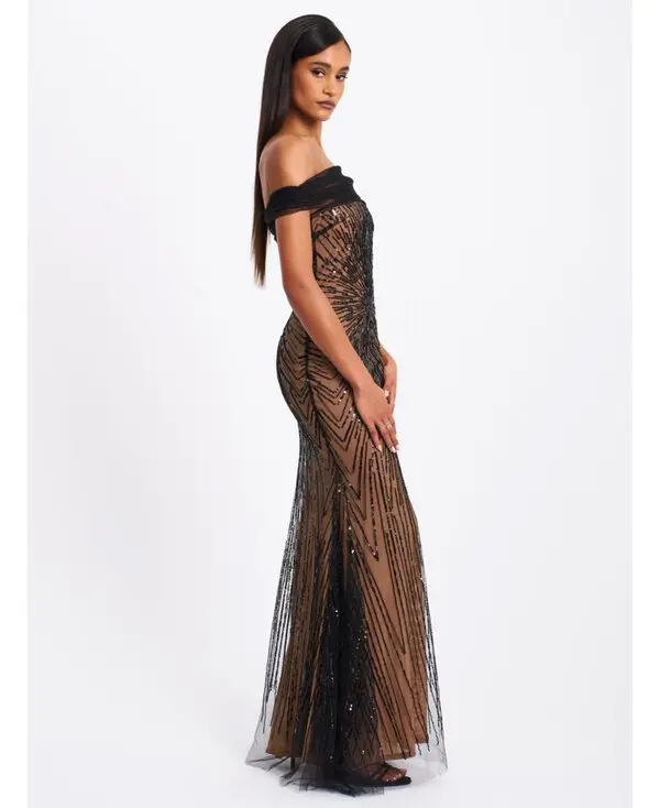 MISS CIRCLE NEW YORK Embroidered Sequin Off-shoulder Mesh Gown