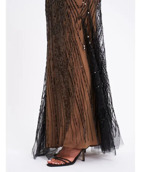 MISS CIRCLE NEW YORK Embroidered Sequin Off-shoulder Mesh Gown
