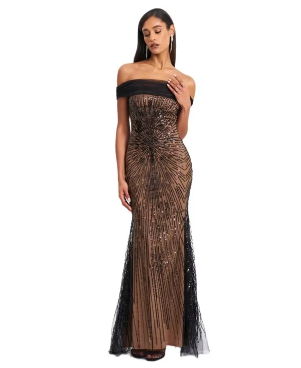 MISS CIRCLE NEW YORK Embroidered Sequin Off-shoulder Mesh Gown