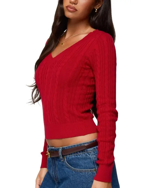EDIKTED Ashlee V-neck Cable Knit Top