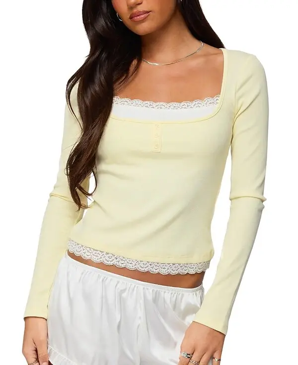 EDIKTED Joana Layered Lacey Henley Top - Yellow