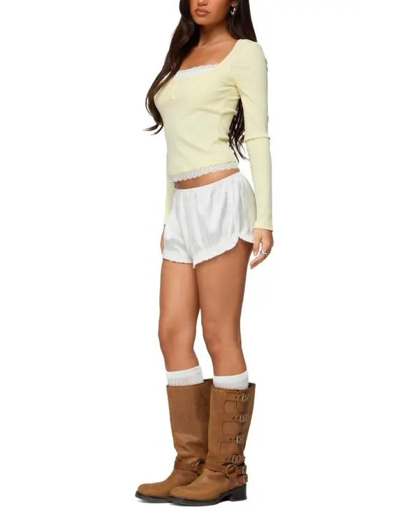 EDIKTED Joana Layered Lacey Henley Top - Yellow