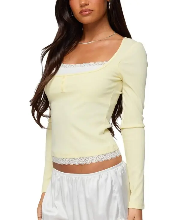 EDIKTED Joana Layered Lacey Henley Top - Yellow