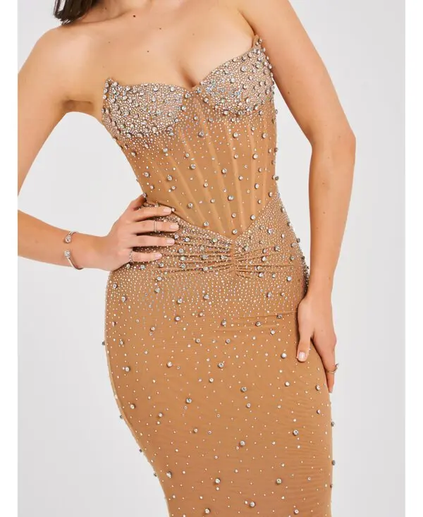 Miss Circle Fatima Embellished Corset Maxi Dress - Beige Nude | Editorialist