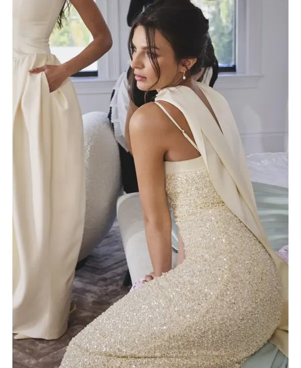 Raizel Gold Beaded Sequin Bodycon Gown with Scarf