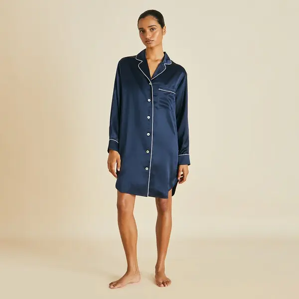 Olivia Von Halle Poppy Navy Nightshirt - Navy Blue