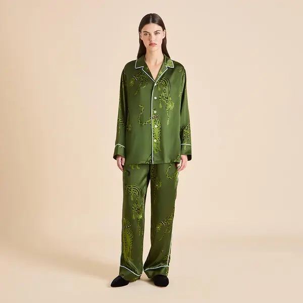 Olivia Von Halle Yves Cosmos Leopard Pajamas - Green