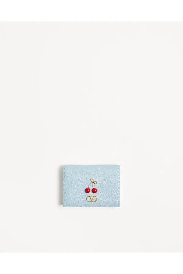 Valentino Garavani Cherryfic Wallet In Grainy Calfskin - Blue