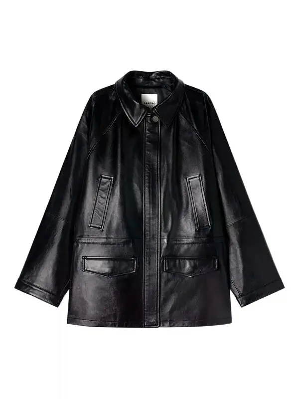 Sandro Leather Jacket With Shirt Collar And Drawstring Waist