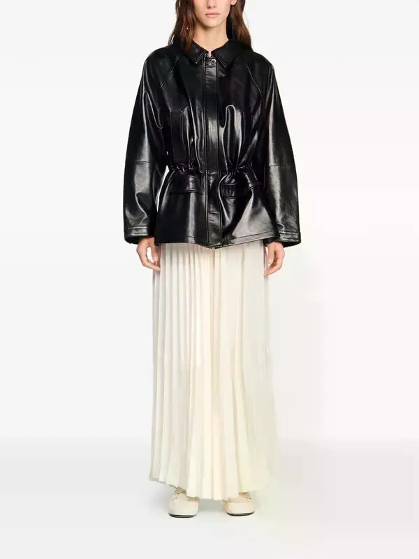 Sandro Leather Jacket With Shirt Collar And Drawstring Waist
