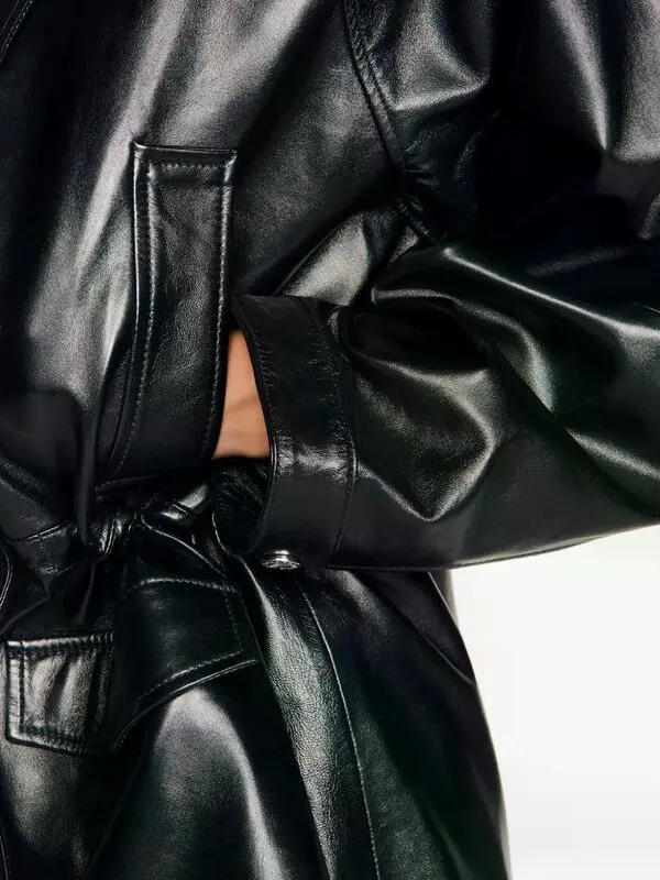 Sandro Leather Jacket With Shirt Collar And Drawstring Waist