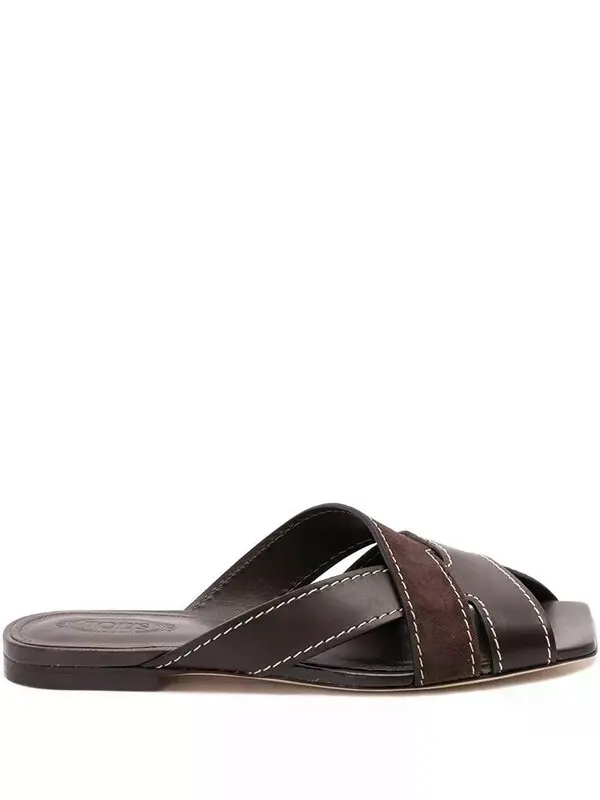 TOD'S Dark Contrast Stitching Crossover Flat Sandals - Brown