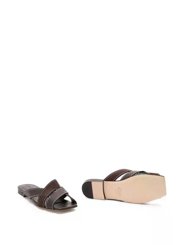 TOD'S Dark Contrast Stitching Crossover Flat Sandals - Brown