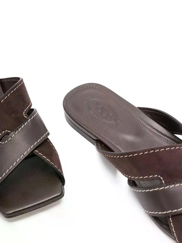 TOD'S Dark Contrast Stitching Crossover Flat Sandals - Brown